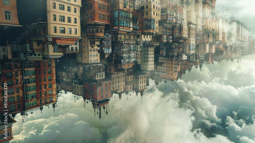 Surreal image of a cityscape with inverted gravity, buildings hanging ...