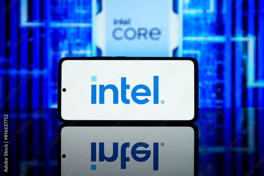 Intel corporation logo on displayedd on screen Stock Photo | Adobe Stock