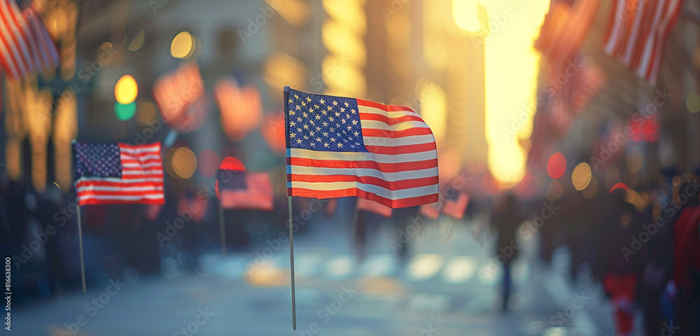 Surreal Veterans Day parade scene with flags appearing to float ...