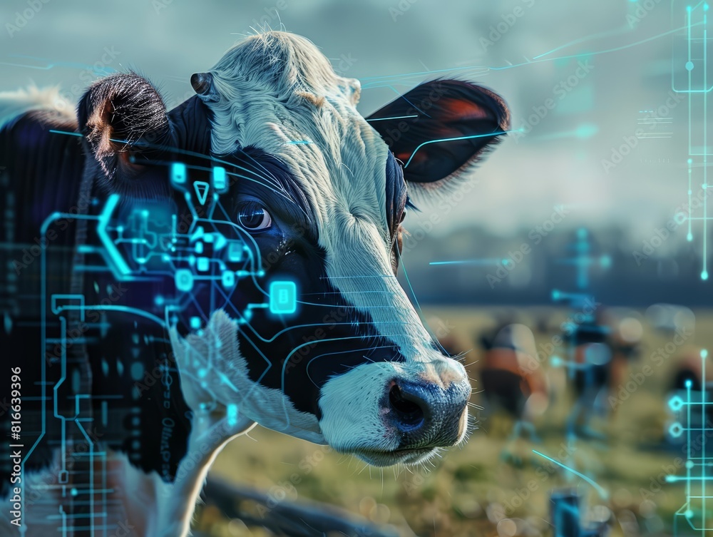 Futuristic charismatic cyber closeup of a cow in a farmers overalls ...