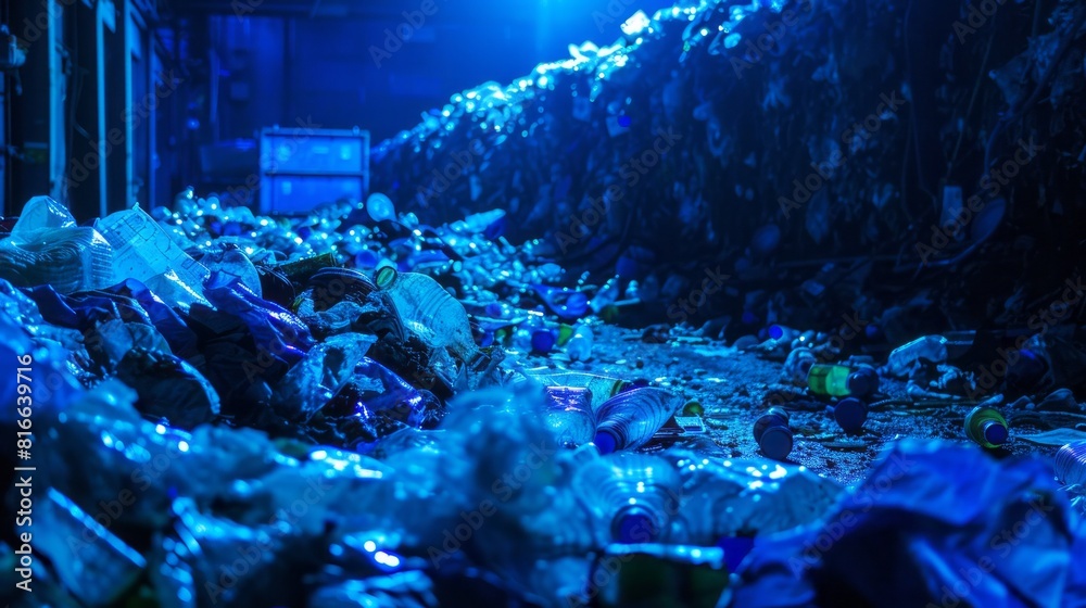 Plastic trash in blue color. The problem of ecology, waste recycling ...