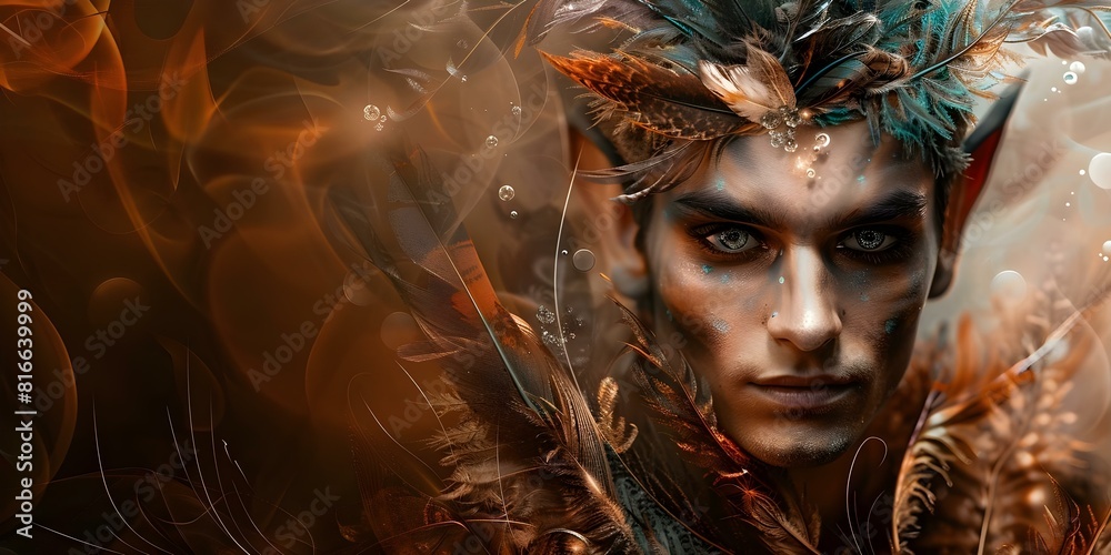 Portrait of a majestic underwater elf prince adorned with feathers ...