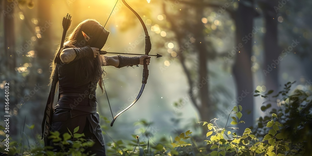 Elf ranger hunts in forest with bow and arrows skilled in nature ...
