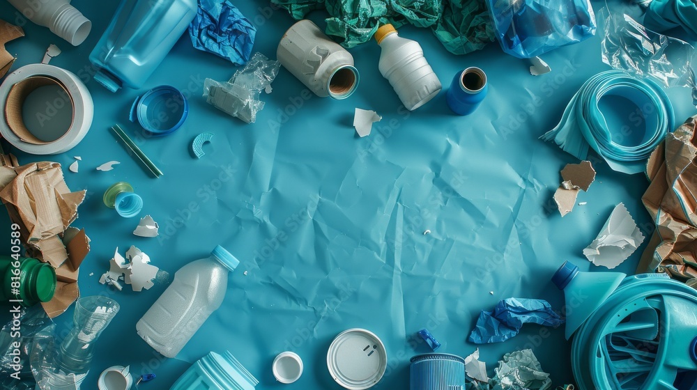 Plastic trash on the background top view in blue color. The problem of ...