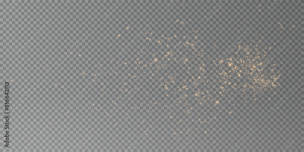 Gold sparkling dust with gold sparkling stars on a transparent background.Glittering texture ...