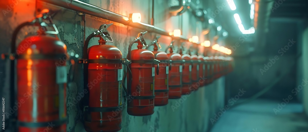Row of fire extinguishers mounted on a wall in an industrial setting ...