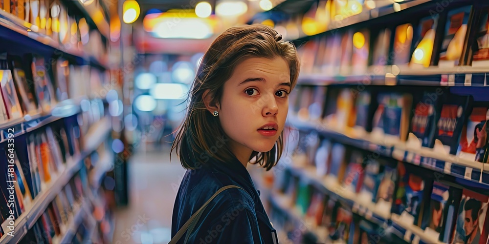 Vintage-style image of a teenage girl in a video store. She is looking ...