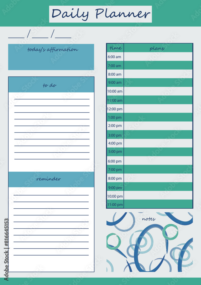 Daily planner in blue and green colors with watercolor illustration ...