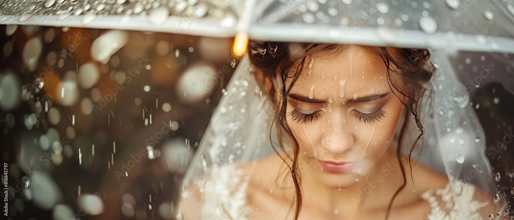 Tearful bride at a rainy wedding, top view, moment of joy and sorrow ...
