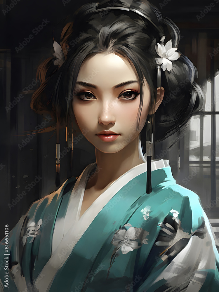 Drawing of a beautiful Asian girl in a green national dress with a ...