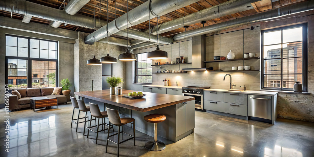 Urban loft kitchen with concrete countertops, exposed ductwork, and ...