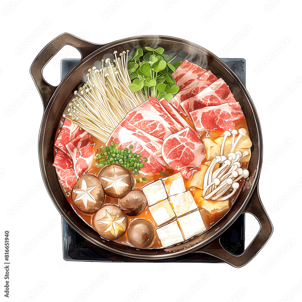 Watercolor illustration of sukiyaki with wagyu beef, a typical Japanese ...
