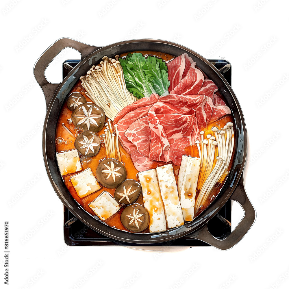 Watercolor illustration of sukiyaki with wagyu beef, a typical Japanese ...