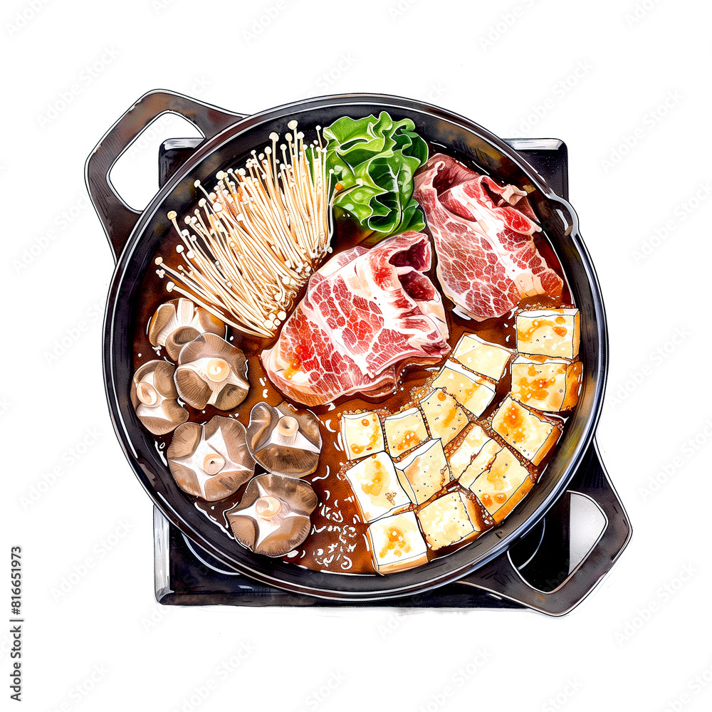 Watercolor illustration of sukiyaki with wagyu beef, a typical Japanese ...