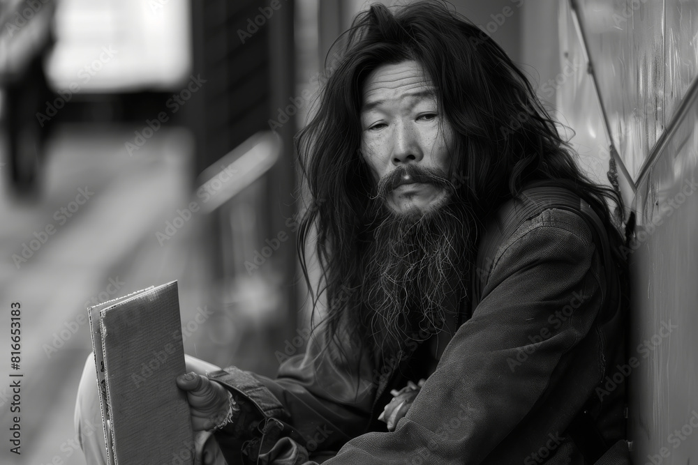 Homeless Asian Man, Long-Haired Houseless Sits Against a Wall, Holding ...