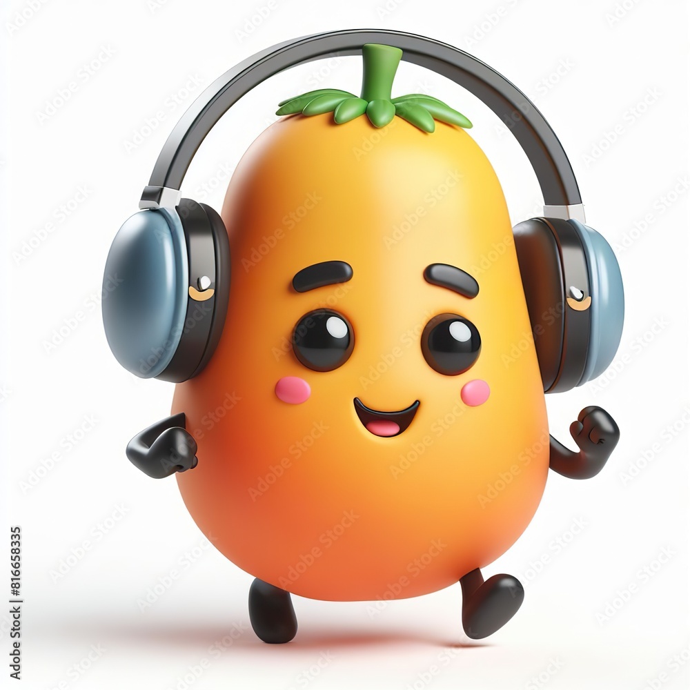 cute 3D funny cartoon mango with small wireless headphone on head ...
