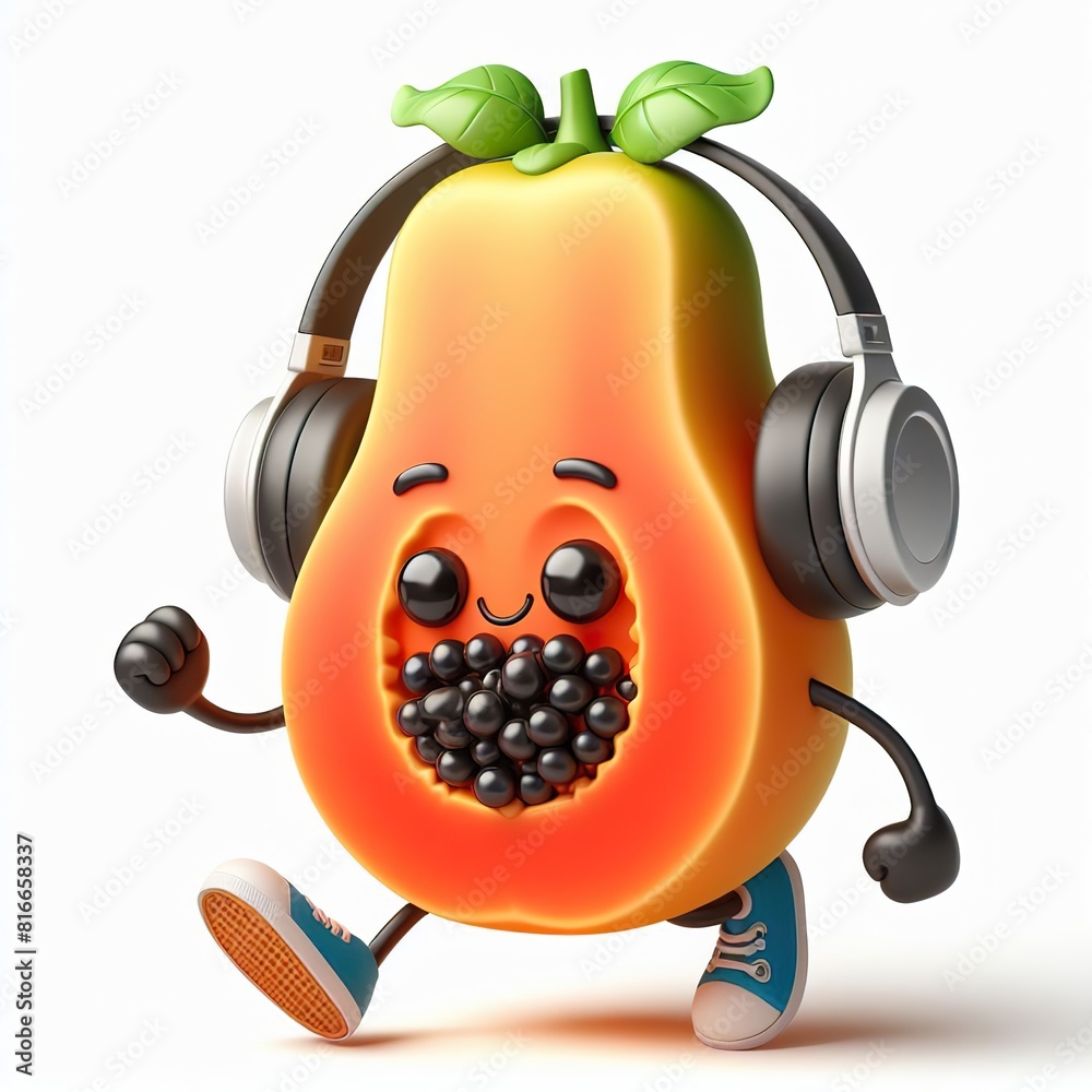 cute 3D funny cartoon papaya with small wireless headphone on head ...