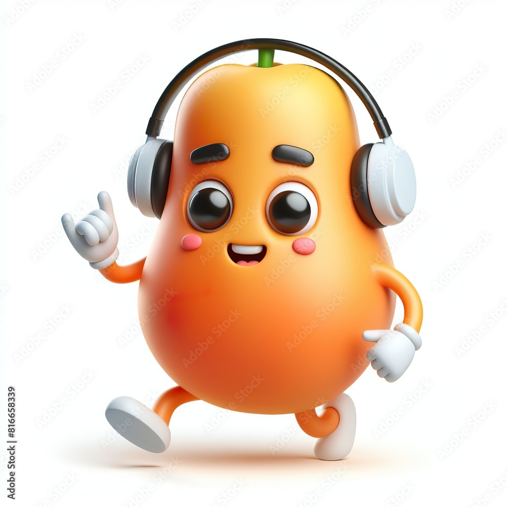 cute 3D funny cartoon papaya with small wireless headphone on head ...