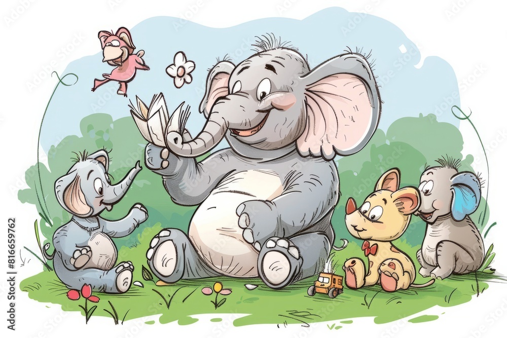 Cartoon cute doodles of a smiling grandpa elephant telling stories from ...
