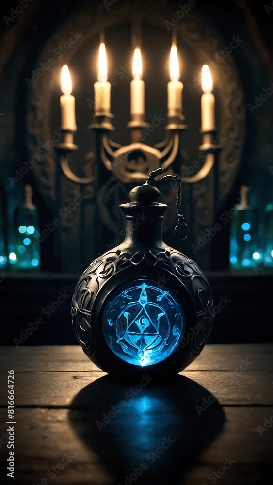 Magic potion. Glowing blue elixir in bottle with pentagram. Mysterious ...