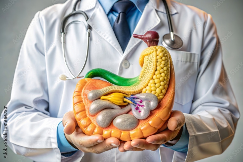 Doctor with human Pancreatitis anatomy model with Pancreas, Gallbladder ...