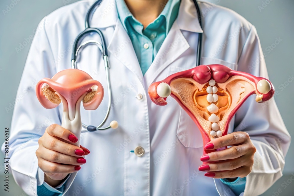 Doctor with Uterus and Ovaries anatomy model. Ovarian and Cervical ...