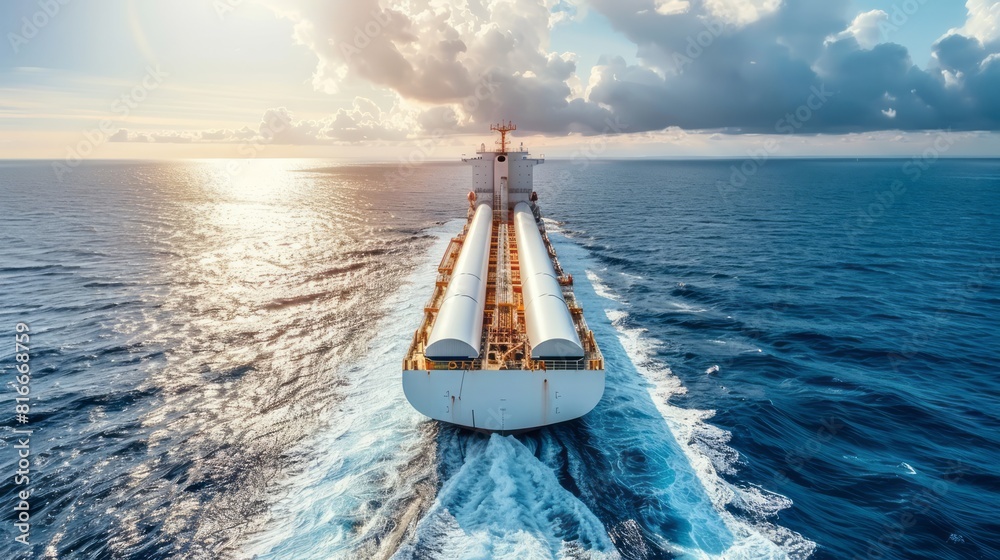 Large modern cargo ship with a long deck full of containers at sea ...