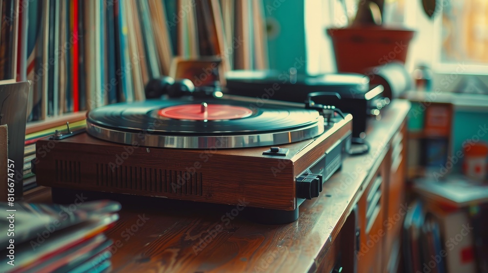 vintage record player setup with vinyl albums stacked beside, capturing ...