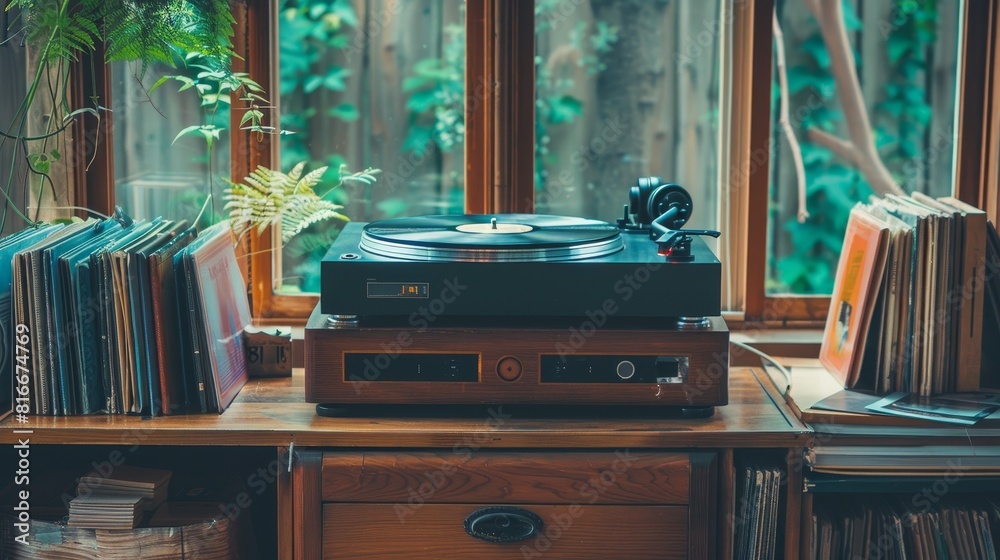 vintage record player setup with vinyl albums stacked beside, capturing ...