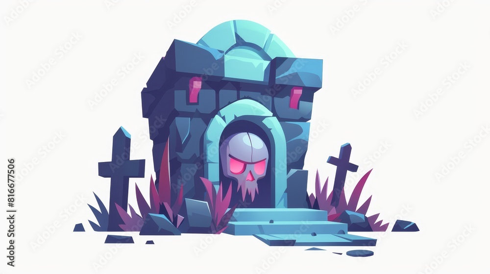 Cartoon illustration of a cemetery symbol in the shape of a crypt with ...