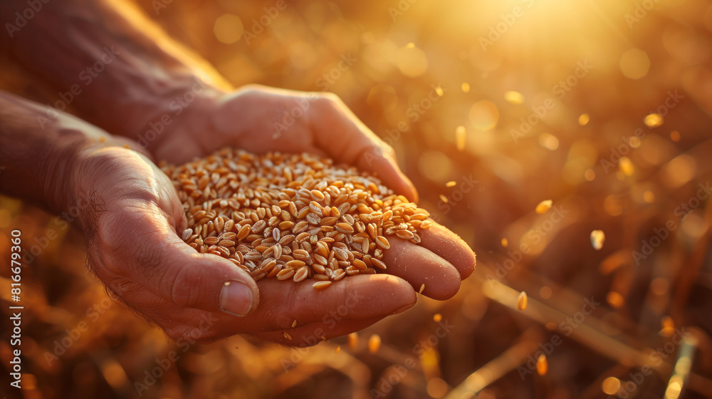 hands holding a grain of wheat against the background of a golden field ...