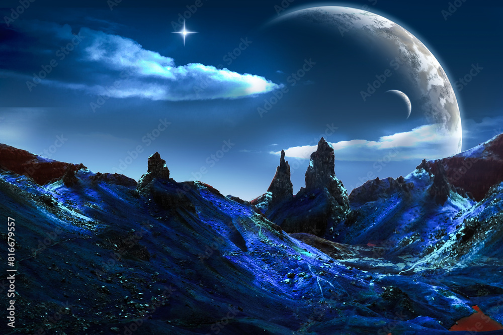 ภาพประกอบสต็อก Mesmerizing outer space alien landscape with rocky surface, planet space ...