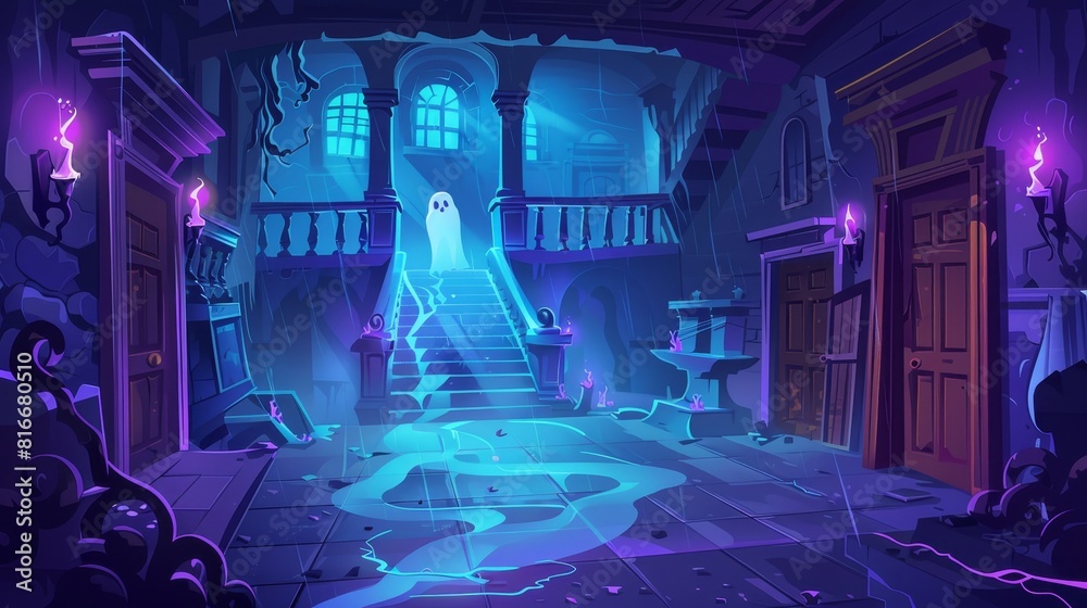 Ghosts walking through a haunted house. Scary corridor with doors ...