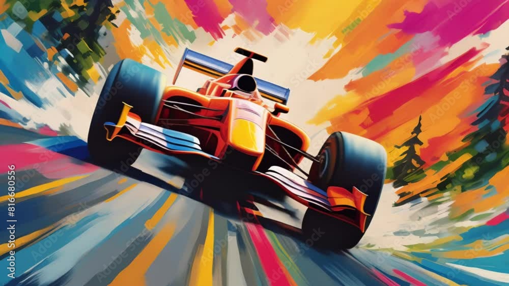 A vibrant and colorful abstract painting of a racing car speeding on a ...