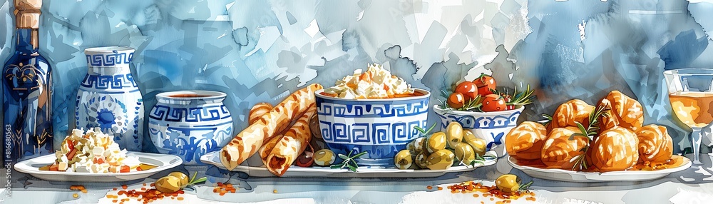 Greek taverna menu, Mediterranean blue and white color scheme ...