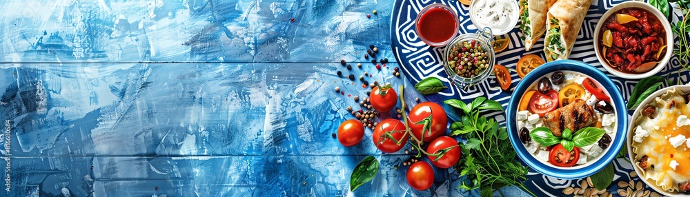 Greek taverna menu, Mediterranean blue and white color scheme ...