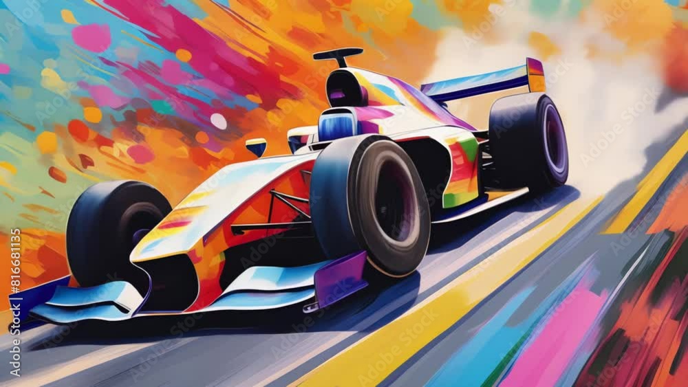 A vibrant and colorful abstract painting of a racing car speeding on a ...