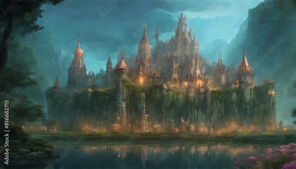 An awe-inspiring fantasy castle perches atop a cliff surrounded by a ...