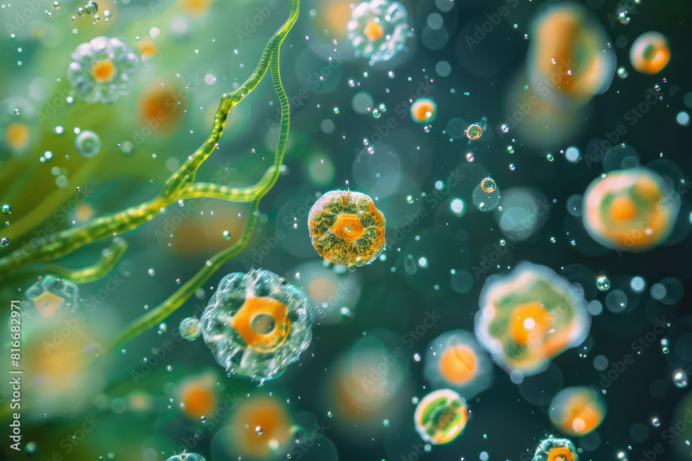 Ultra-magnified tiny microorganisms, showcasing biodiversity in a drop ...