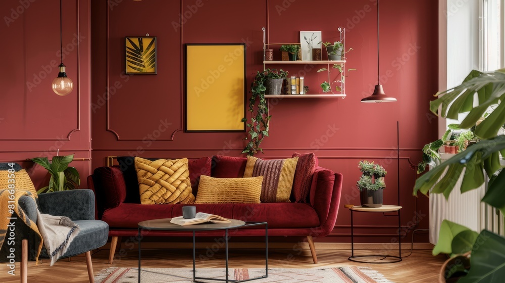 Modern Living Room with Red Accent Wall and Cozy Furniture in a ...