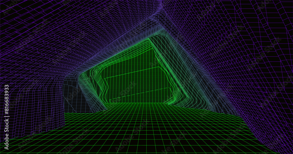 Wire low poly frame of a futuristic corridor or tunnel, consisting of ...