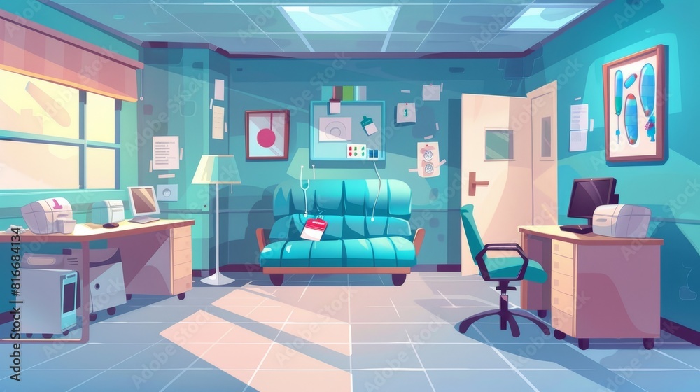 Modern illustration of an empty clinic room with doctor stuff and a ...