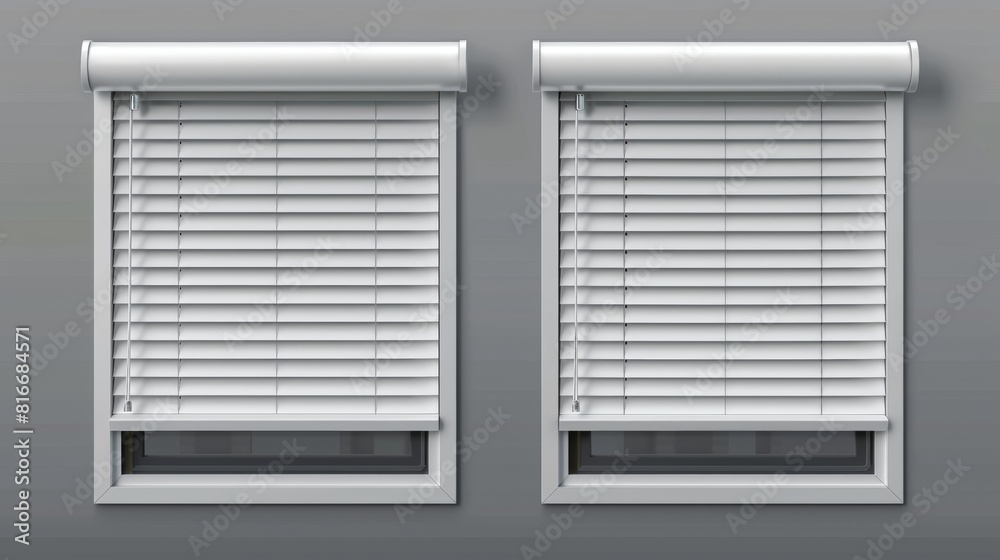 An isolated plastic window with rolling shutters isolated on a ...