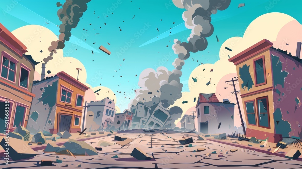 Various ruined buildings on a city street after a natural disaster ...