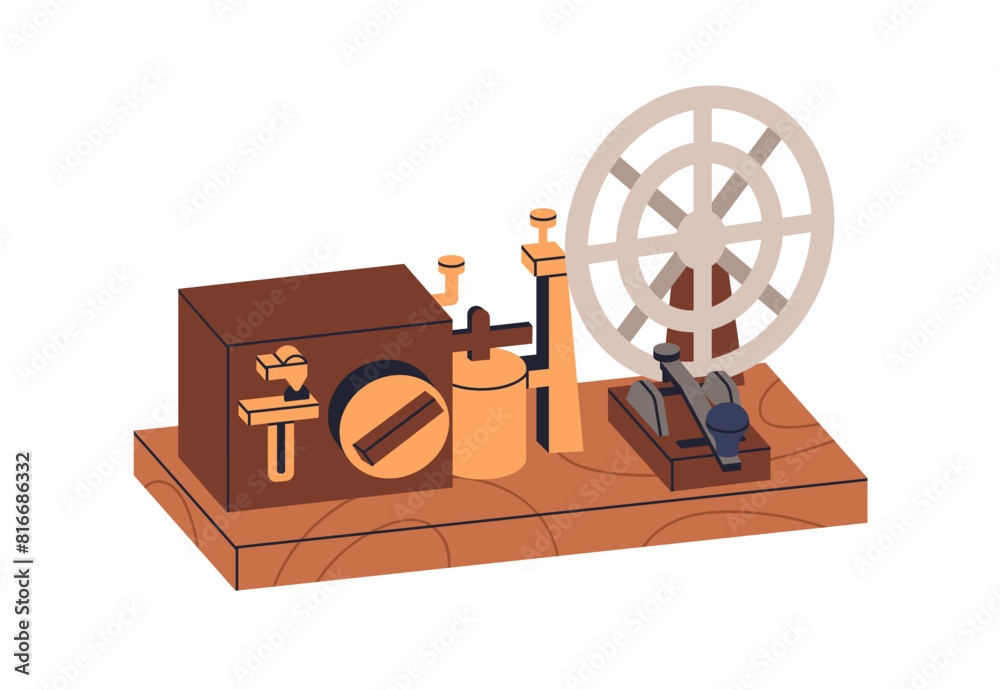 Vintage telegraph machine. 19th century Morse code device. Old wooden ...