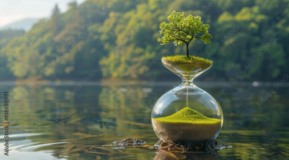 A small tree is dissolving itself in a hourglass. The container is ...