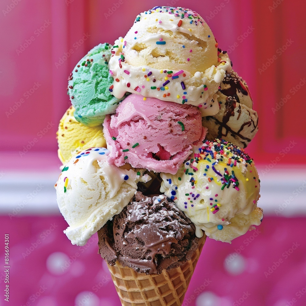 Colorful Ice Cream Cone with Multiple Scoops and Sprinkles Stock Photo ...