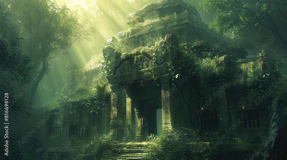 An ancient ruin on a misty mountain, with forgotten temples and ...