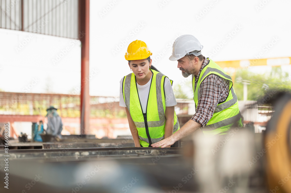 Engineer and female foreman team checking project at precast concrete ...