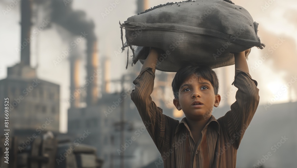 Child labor concept, a child carrying a heavy coal bag, in front of a ...